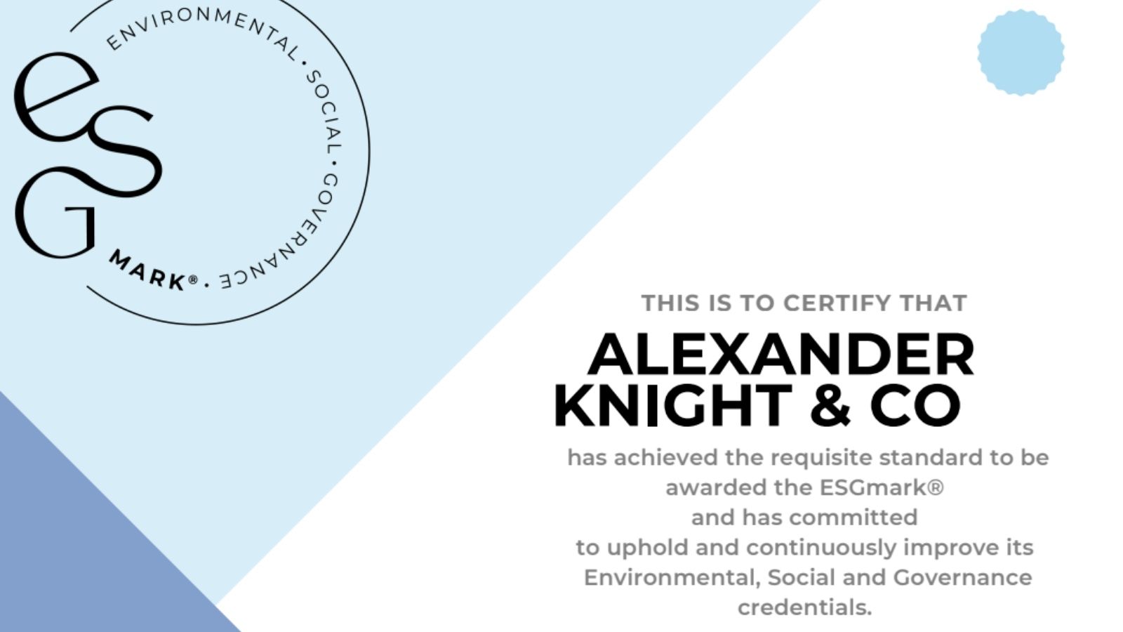 Alexander Knight & Co becomes first accountants in UK to attain ESGmark®